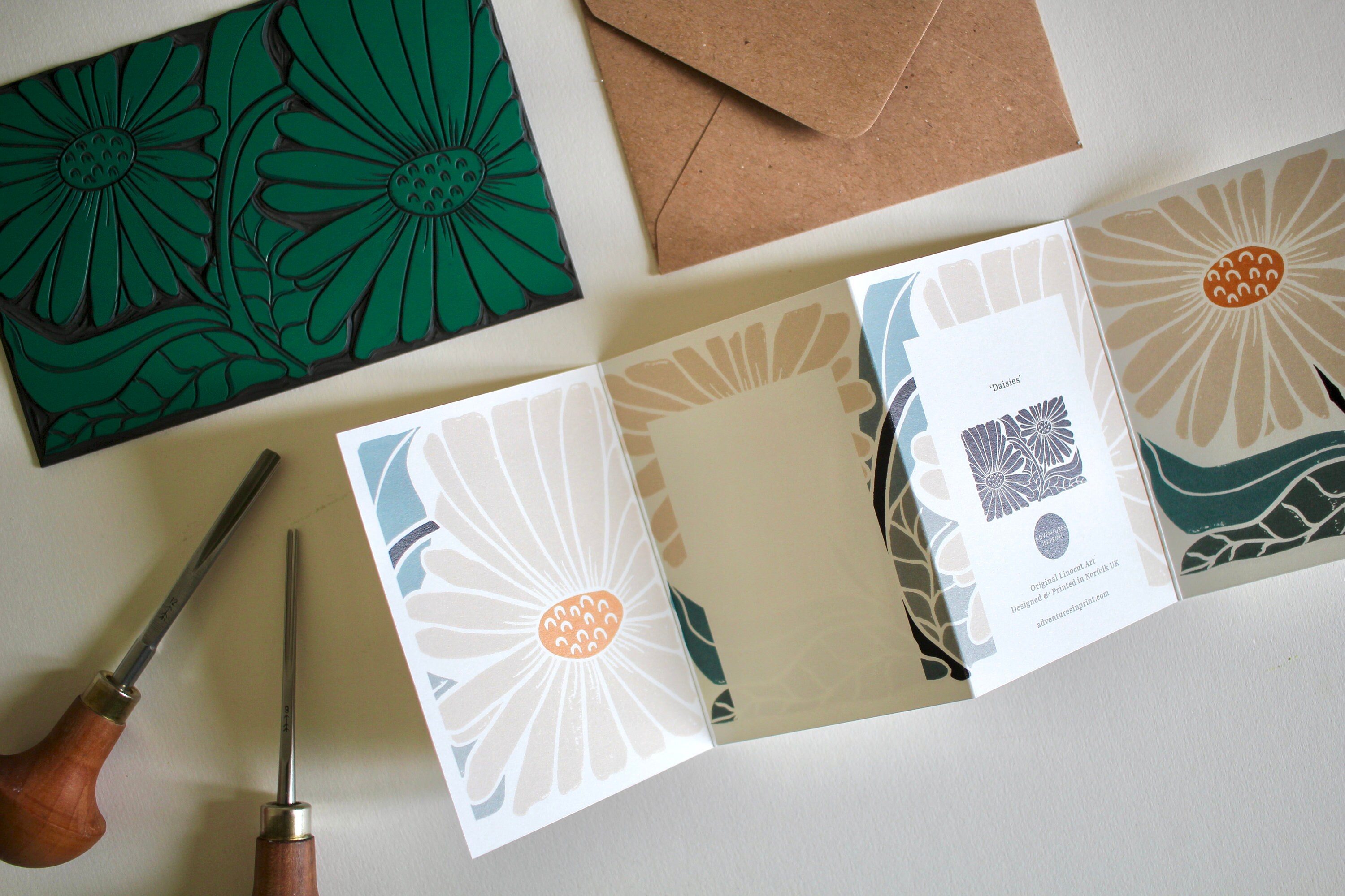 Linocut Daisy Flower Card - Single Concertina Card With Envelope / Lino ...