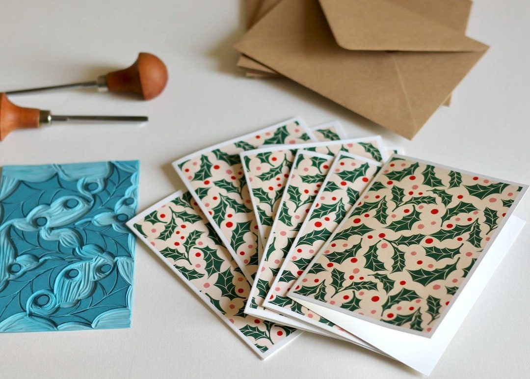 Jolly Holly Linocut Notecards Set of 8 Linocut Holly Leaves and Polka ...