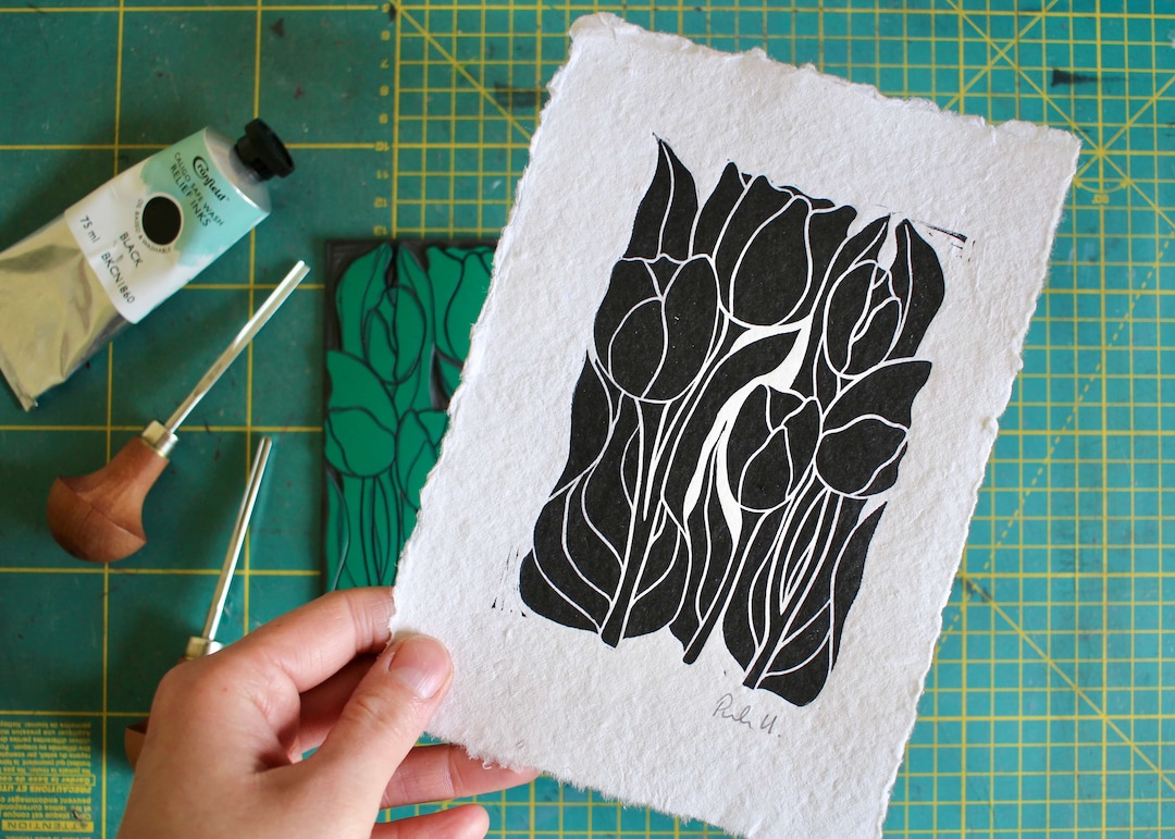 Tulips Linocut Art Print | Handprinted Linocut Wall Art / A5 Art Print ...