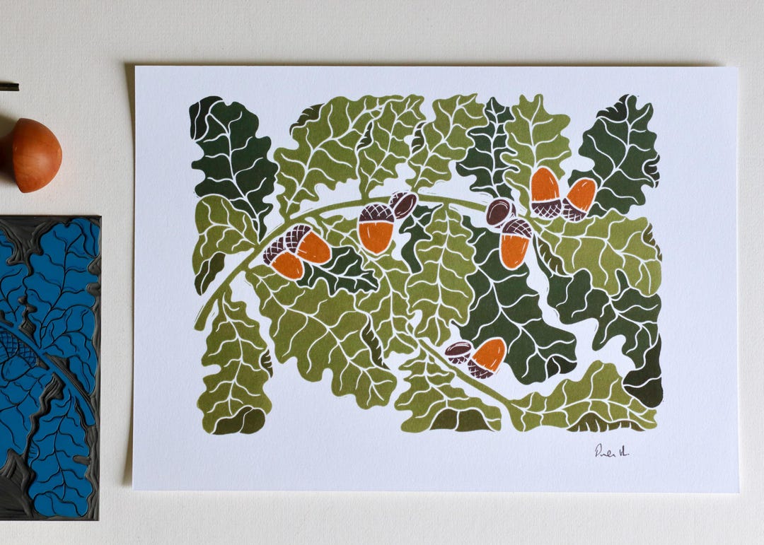 Autumn Oak Leaves Linocut Art | A4 Art Print on Cotton Paper - Etsy UK