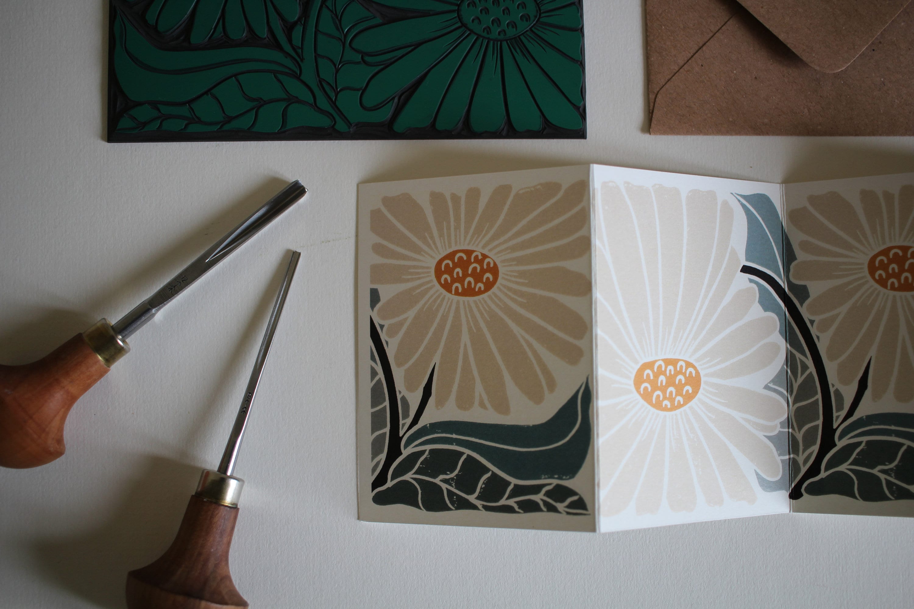 Linocut Daisy Flower Card - Single Concertina Card With Envelope / Lino ...