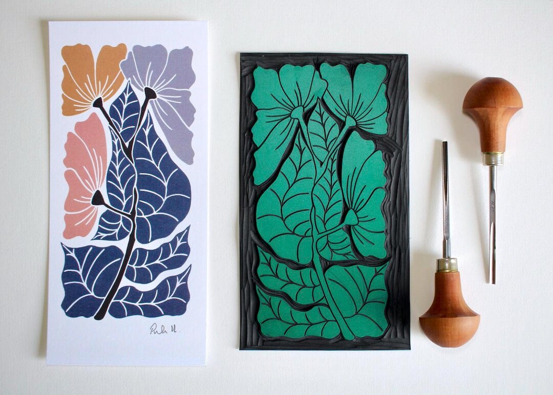 Modern Linocut 'harmonious' Floral Print | Mini Abstract Flower Print ...