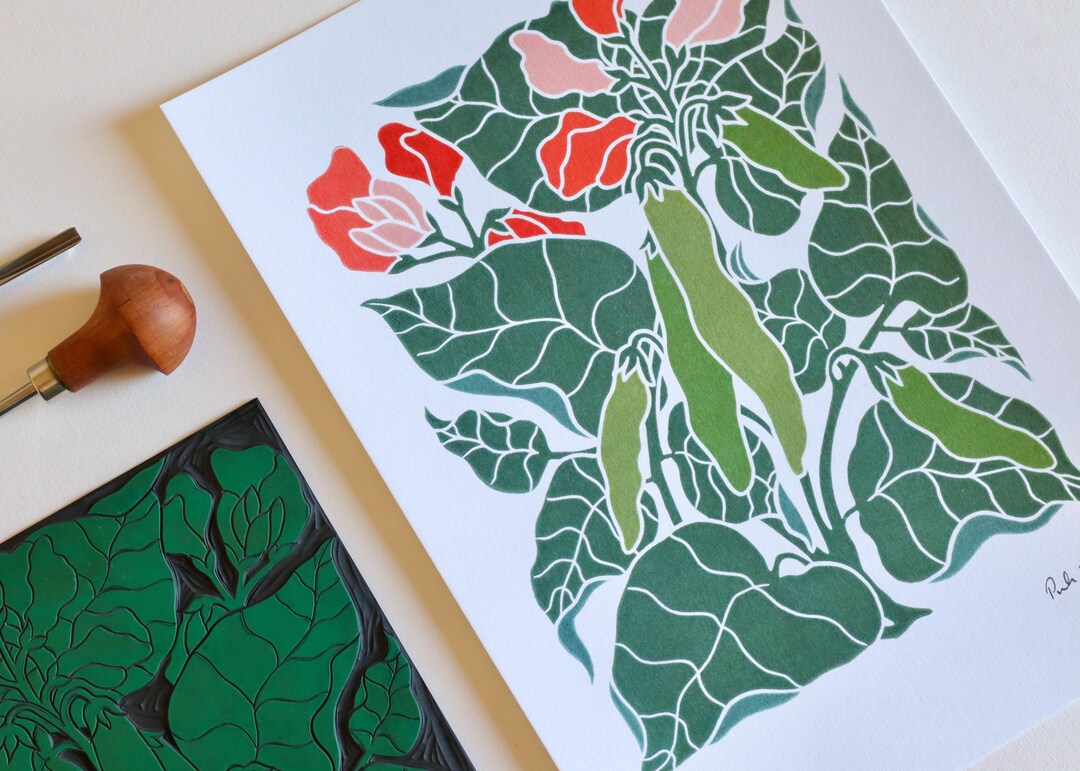 Runner Beans Linocut Print - Botanical Kitchen Garden Art (A5/A4) - Etsy