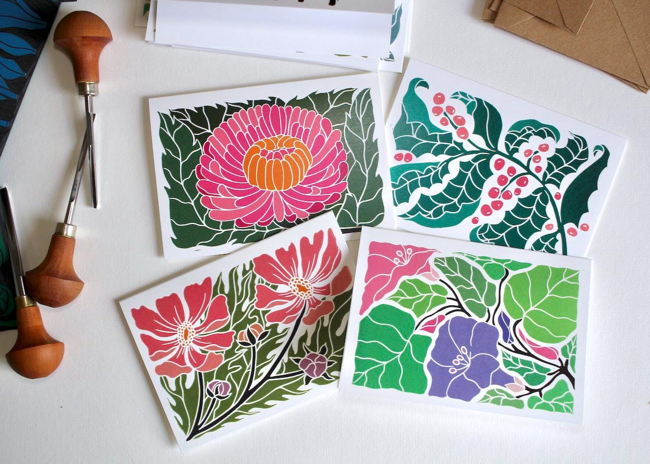 Birth Flower Linocut Art Note Card Set: Pack of 12 Cards & Envelopes - Etsy