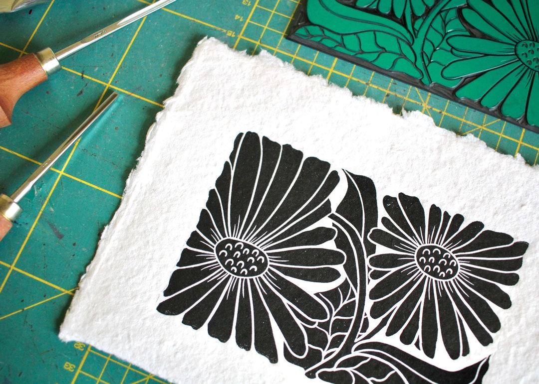 Daisy Linocut Art Print Handprinted Linocut Wall Art / A5 Art Print on ...