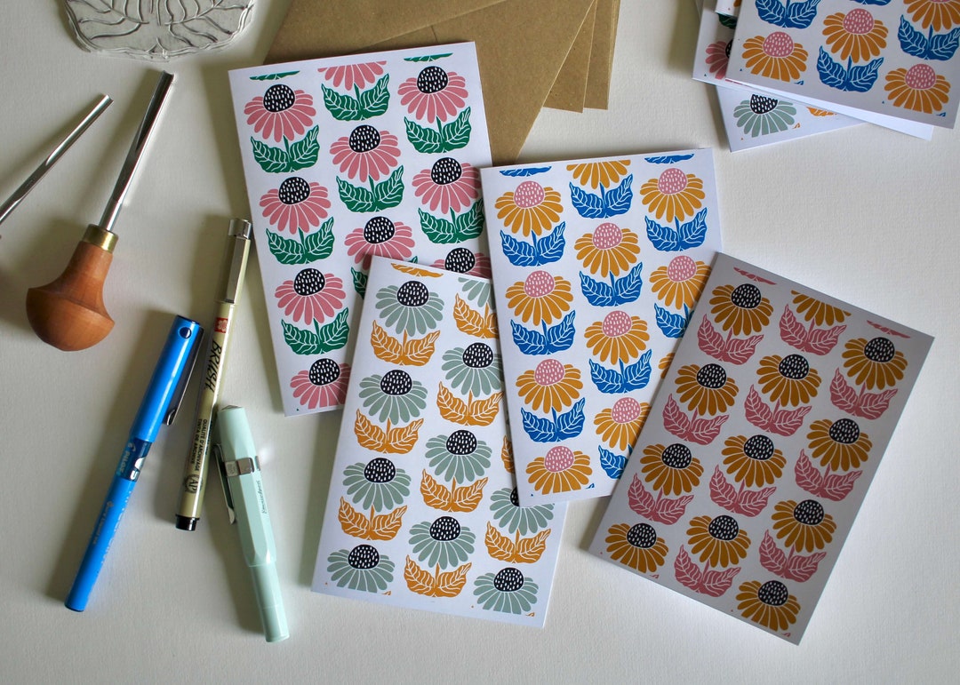 Cone Flower Block Print Notecards - Set of 8 | Block Print Pattern Note ...