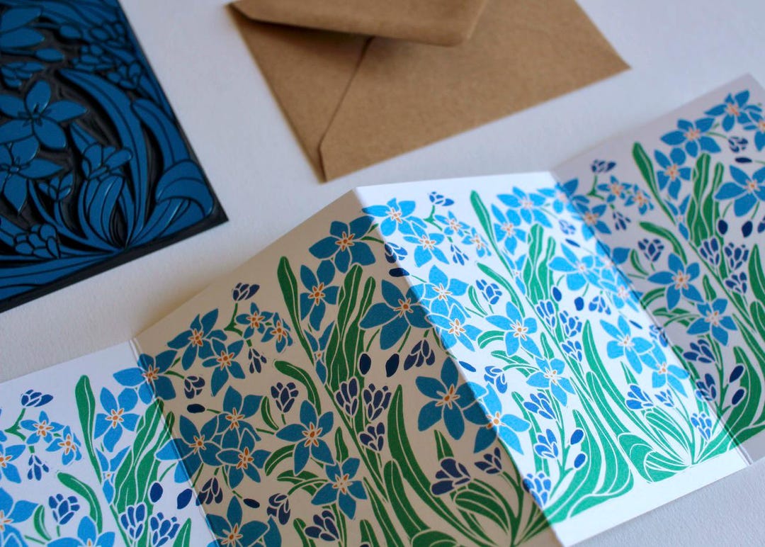 Linocut Forget-me-not Flowers Card - Single Concertina Card With ...
