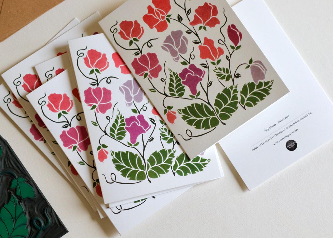 Linocut Joy Bloom Sweet Pea Flower Cards | Set of 8 Notecards ...