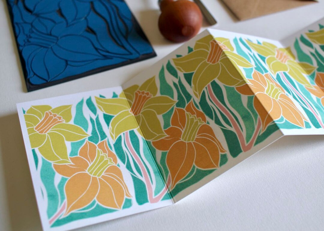 Welsh Daffodil Linocut Card - Single Concertina Card With Envelope ...