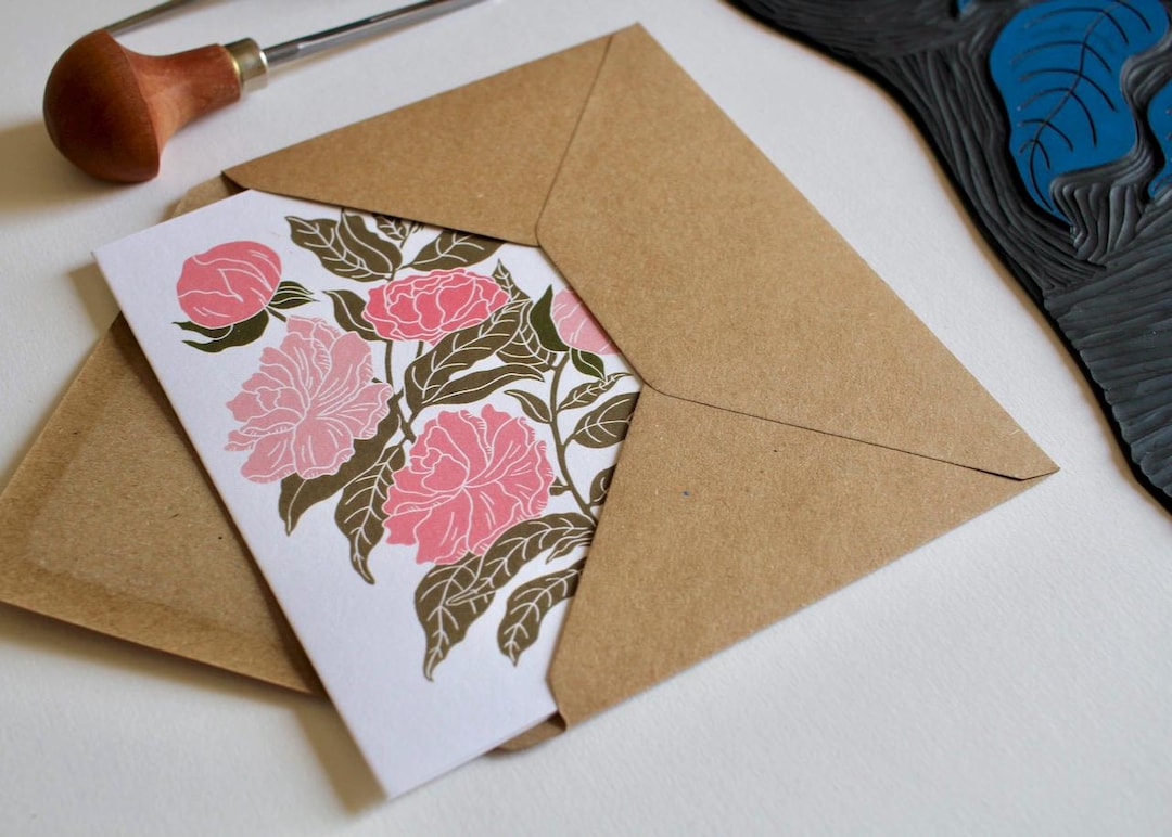 Peony Linocut Art Card: Romantic Floral Greeting Card - Etsy