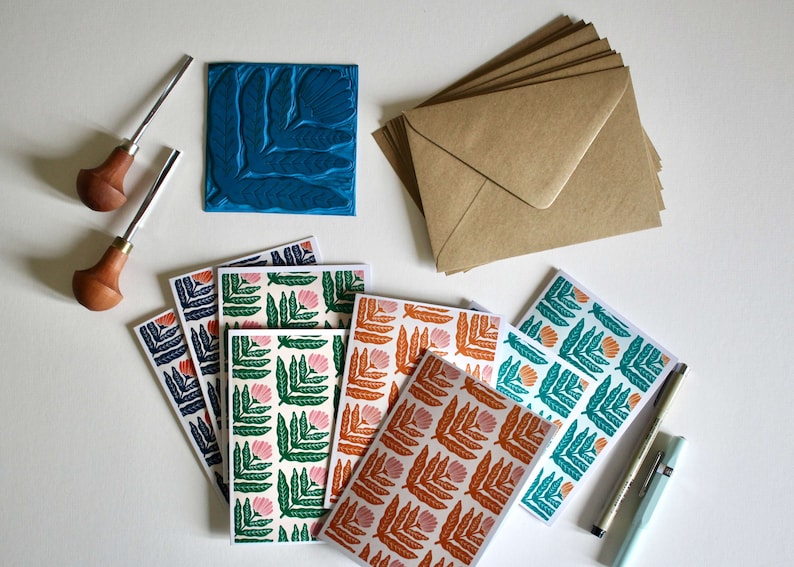 Dandelion Flower Block Print Notecards - Set of 8 | Linocut Floral ...