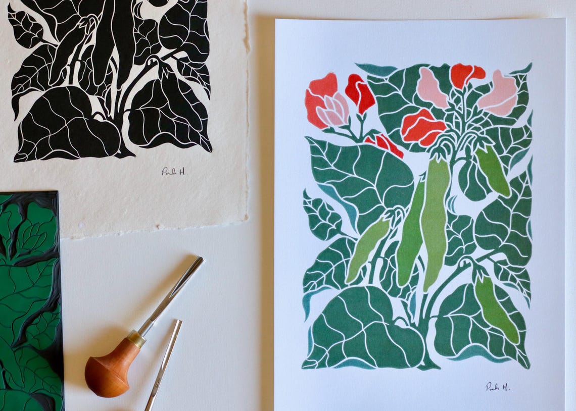 Runner Beans Linocut Print - Botanical Kitchen Garden Art (A5/A4) - Etsy
