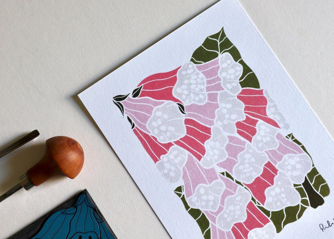 British Woodland Foxglove Linocut Art | A5 or A4 Art Print on Cotton ...