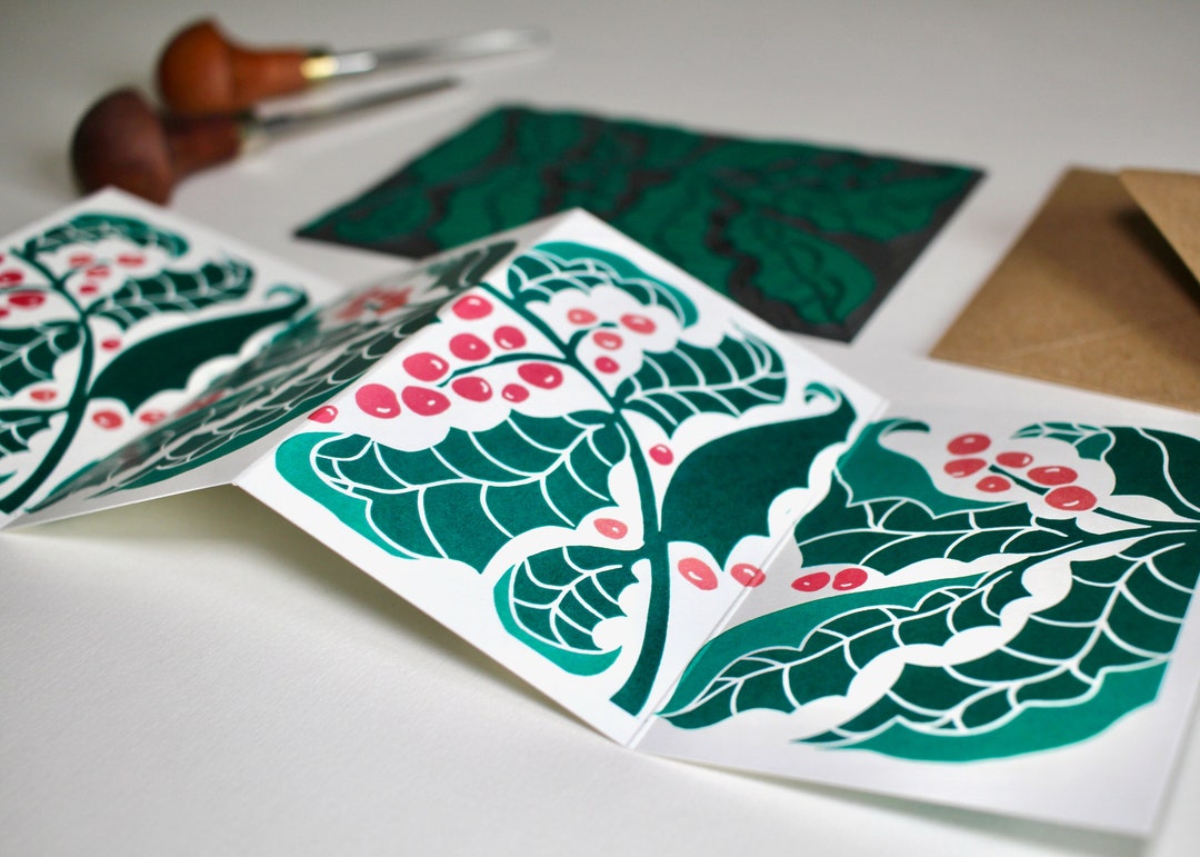Linocut Holly Greeting Card - Single Concertina Card With Envelope ...