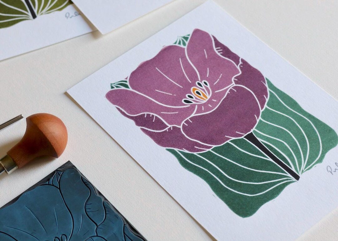 Linocut Tulip in Bloom Art Print | Purple Tulip Spring Flower Linocut ...