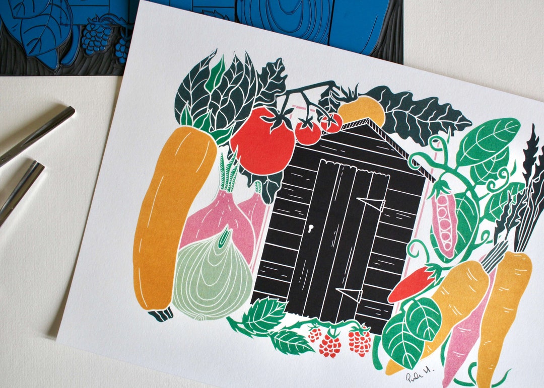 Linocut 'on the Allotment' Art Print | Colourful Growing Wall Art / A4 ...