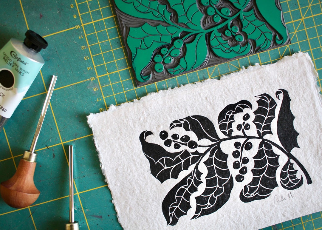Holly Linocut Art Print | Handprinted Linocut Wall Art / A5 Art Print ...