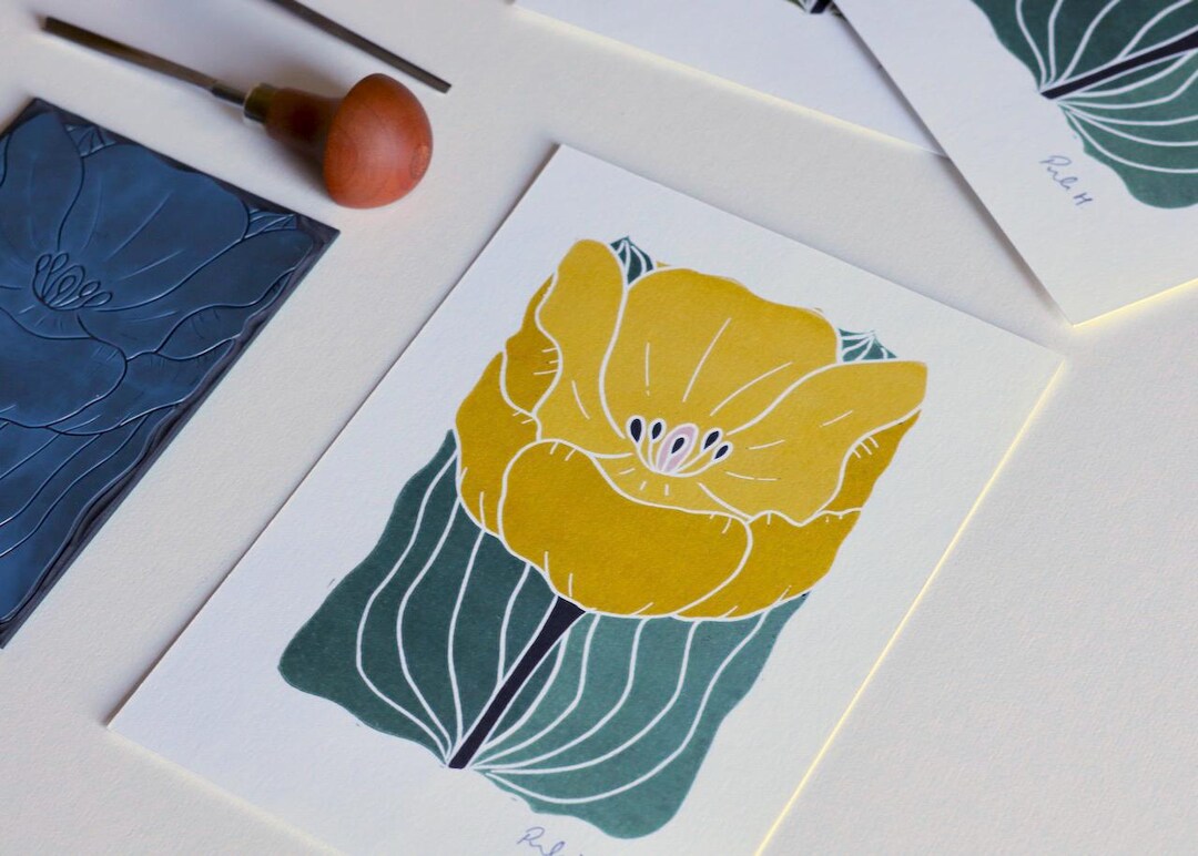 Linocut Tulip in Bloom Art Print | Yellow Tulip Spring Flower Linocut ...
