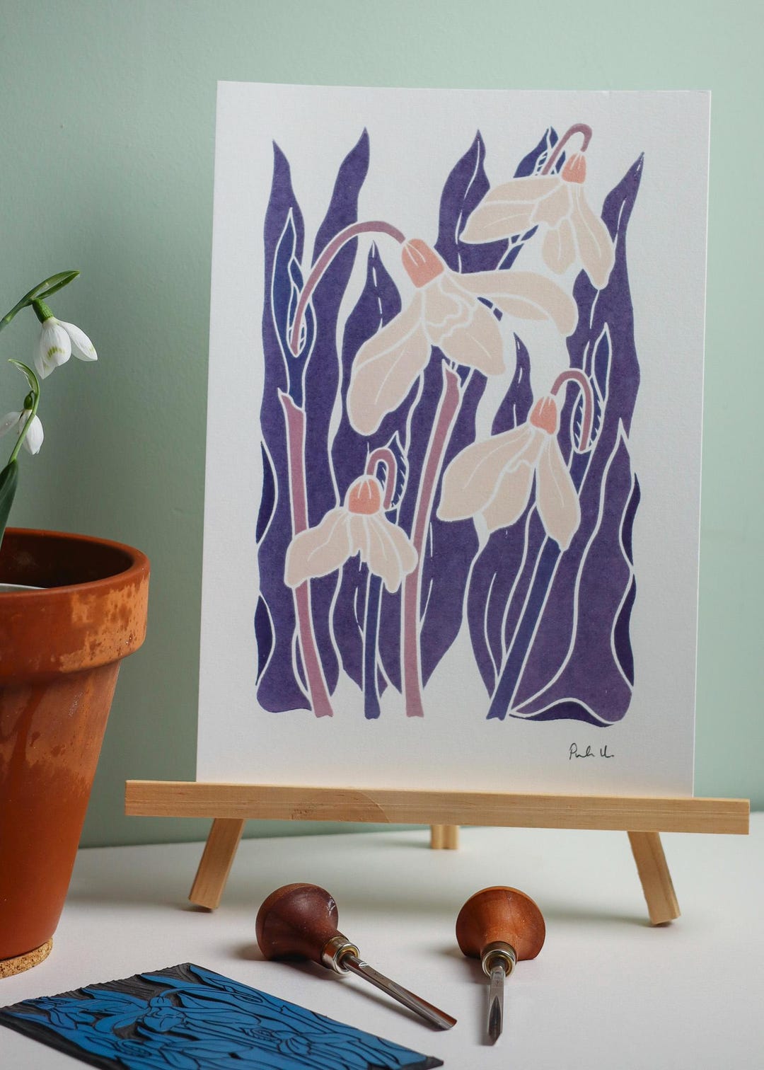 Snowdrops in the Night Garden (winter Linocut Flower Art) | A5 or A4 ...