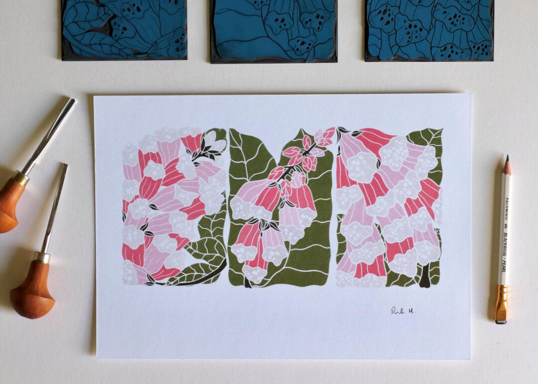 British Woodland Foxglove Linocut Art | A4 Art Print on Cotton Paper ...