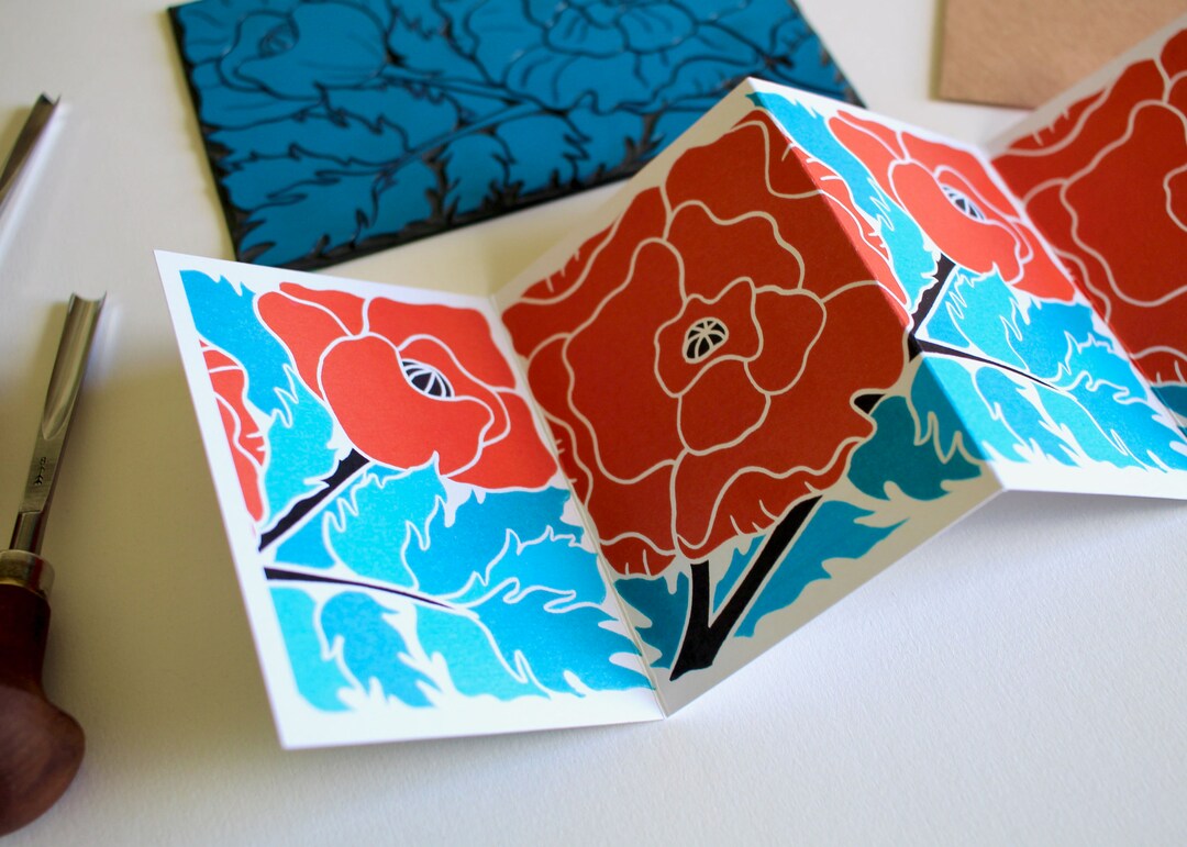 Linocut Poppy Flower Card - Single Concertina Card & Envelope / Lino ...