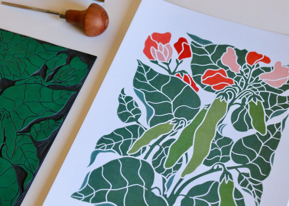 Runner Beans Linocut Print - Botanical Kitchen Garden Art (A5/A4) - Etsy