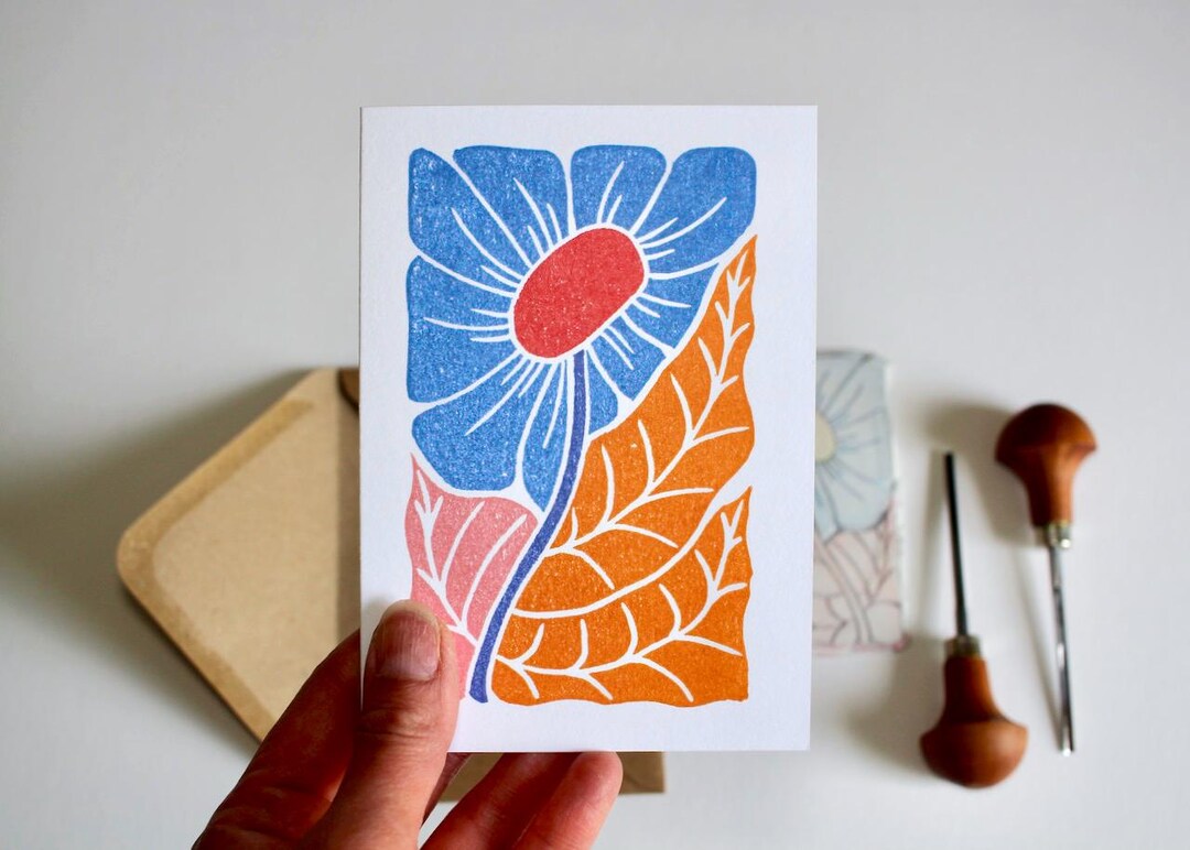 Linocut 'joy' Floral Greeting Card - Single Card and Envelope / Lino ...