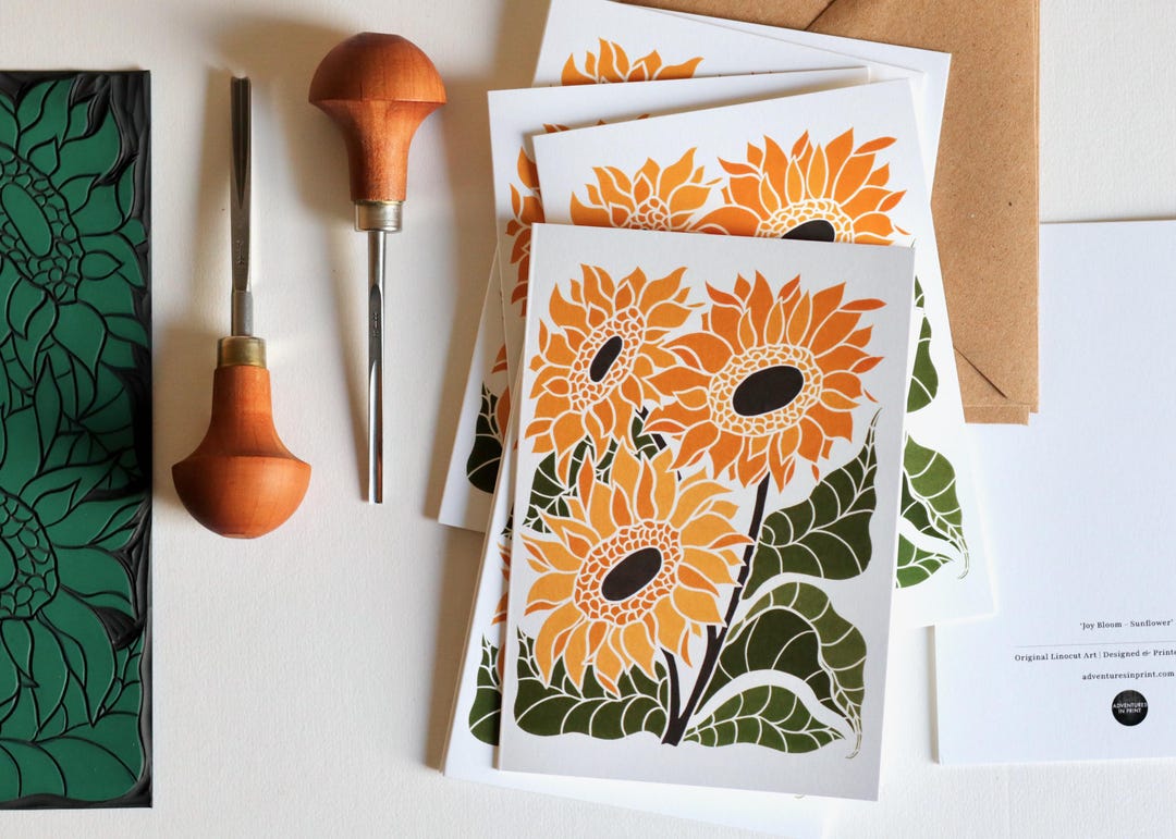 Linocut Joy Bloom Sunflowers Notecards - Set of 8 | Summer Sunflower ...
