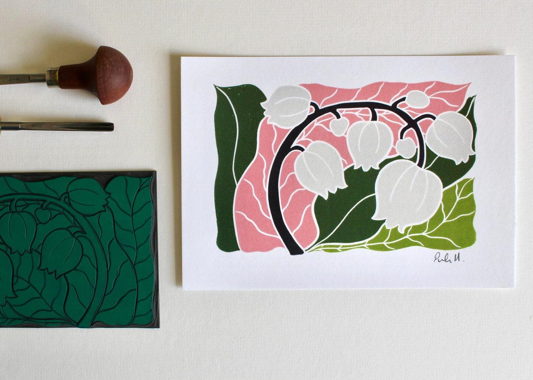 Linocut Lily of the Valley Flower Art Print | Colourful Lily Flower ...