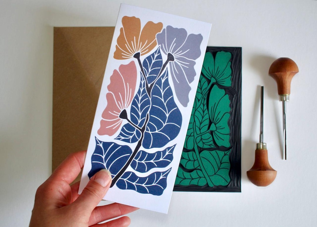 Modern Linocut 'harmonious' Floral Greeting Card / A Tall DL Portrait ...