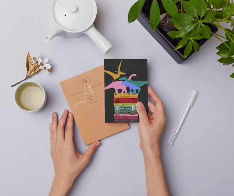 Books and Dinosaurs Greeting Card Literary Adventure Birthday Card for ...