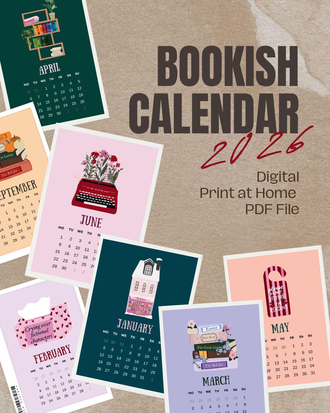 Book Desk Calendar 2026 to Print Calendar 2026 Bookish Literary ...