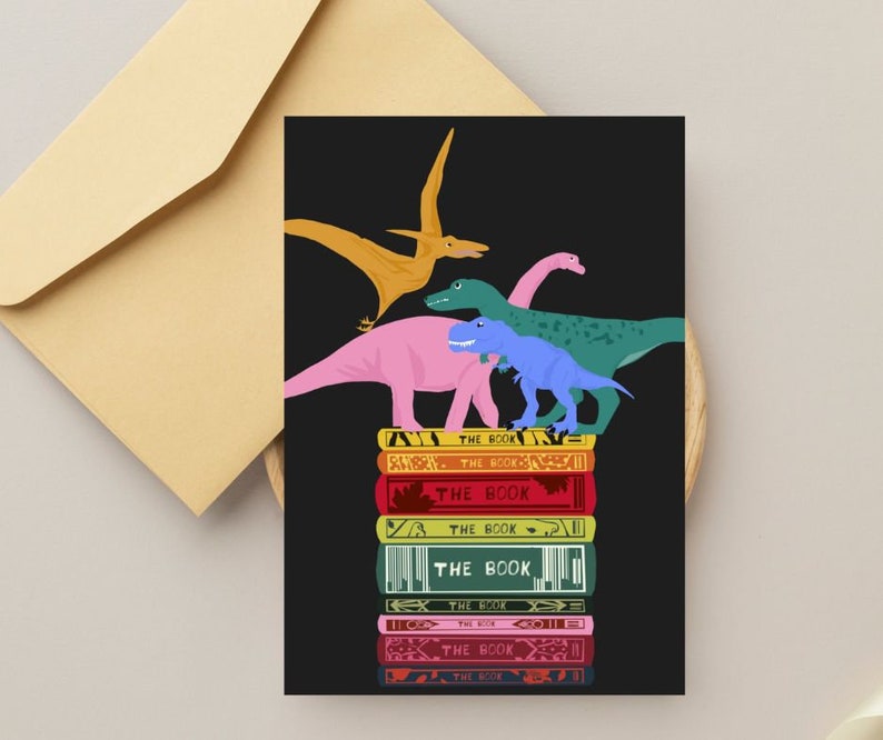Books and Dinosaurs Greeting Card Literary Adventure Birthday Card for ...