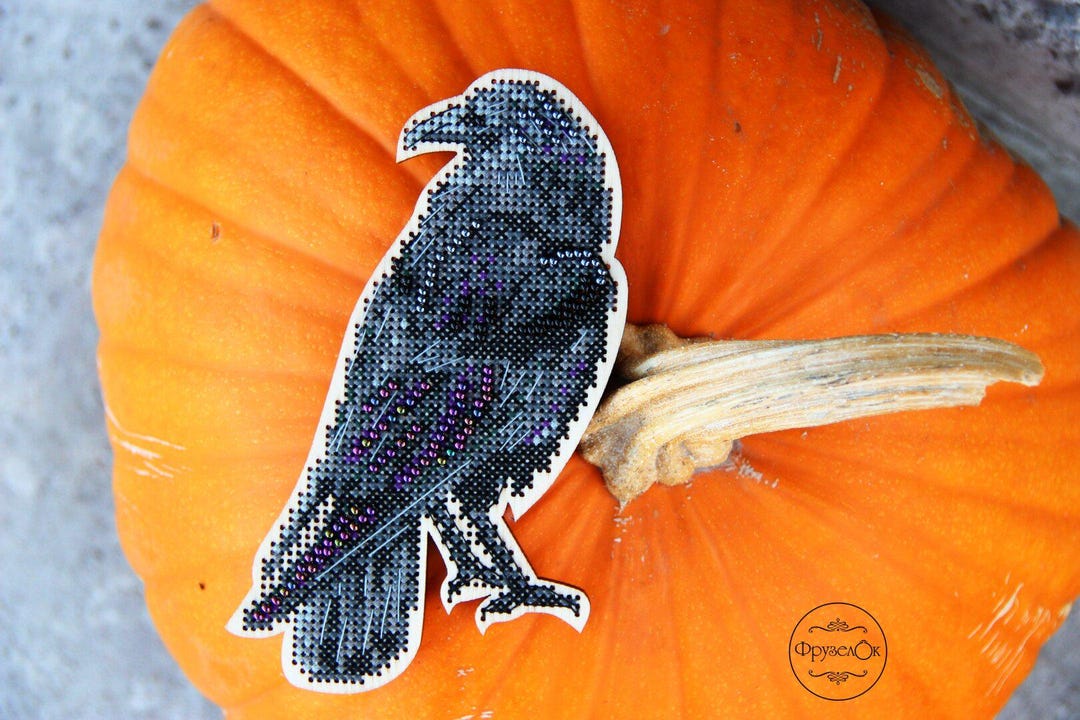 Gothic Raven Cross Stitch on Wood Kit, Black Spooky Bird X-stitch ...