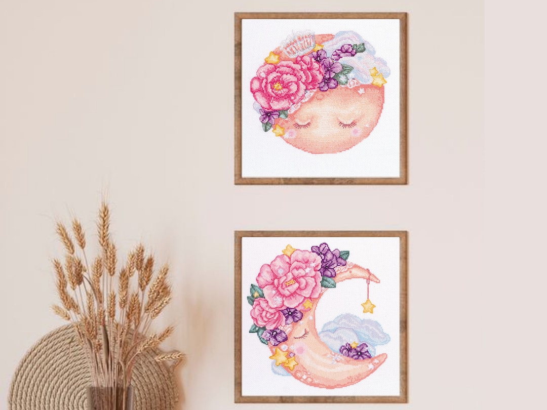 Full Moon Cross Stitch Kit, Pastel Pink Cross Stitch Pattern, DIY ...