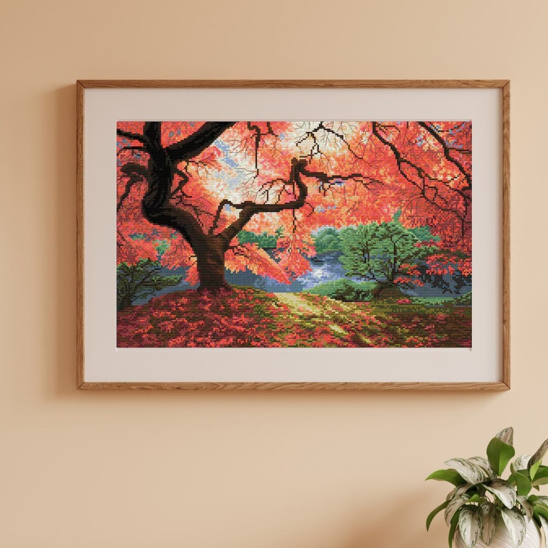 Autumn Forest Cross Stitch Kit, Fall Tree in Sun Rays X-stitch Pattern ...