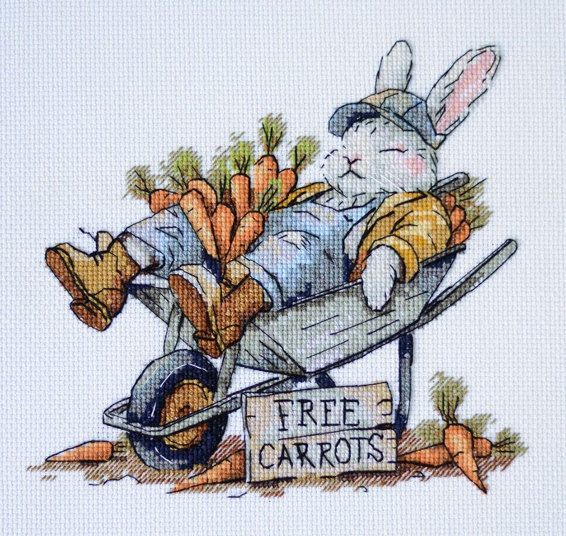 Sleeping Bunny Cross Stitch Kit With Carrots, Relaxed Rabbit ...