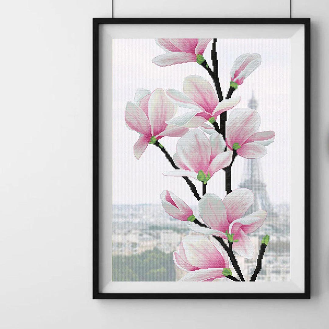 Watercolor Magnolia Cross Stitch Kit, Spring Floral X-stitch Pattern ...