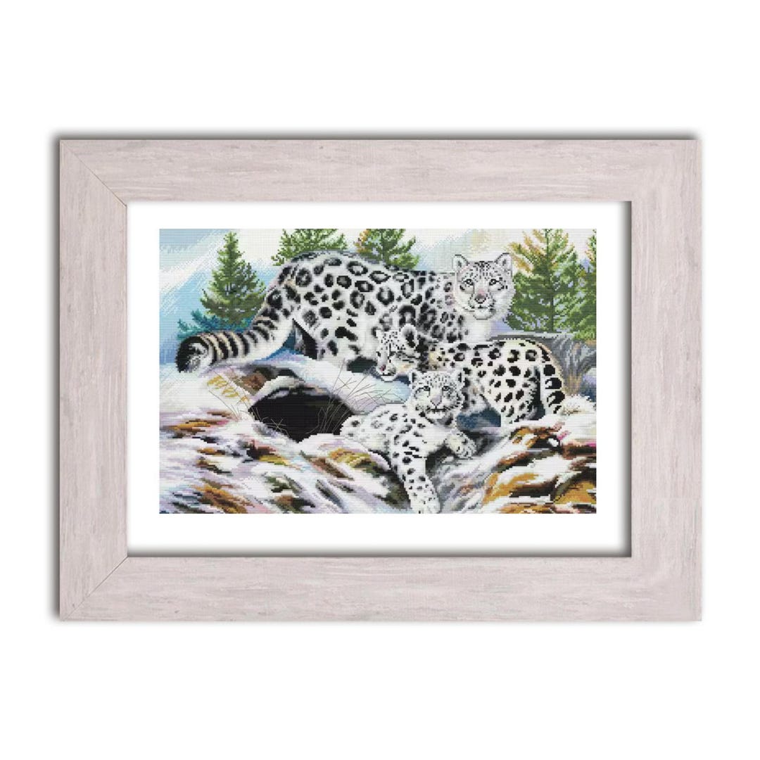 Snow Leopards Cross Stitch Kit on White Aida 16 Count, Winter Animal ...