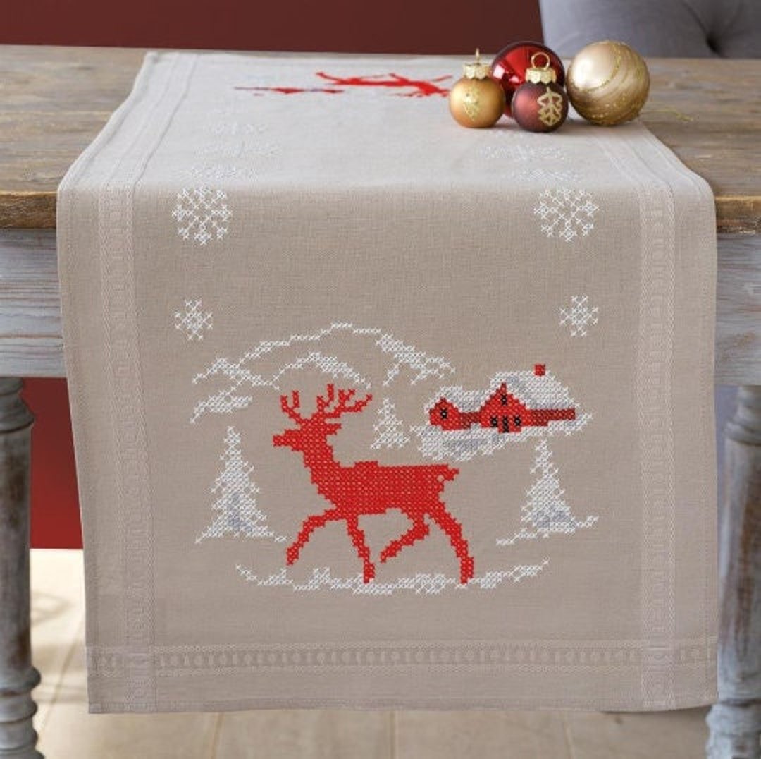 Christmas Table Runner Cross Stitch Kit, Deer Counted Cross Stitch ...