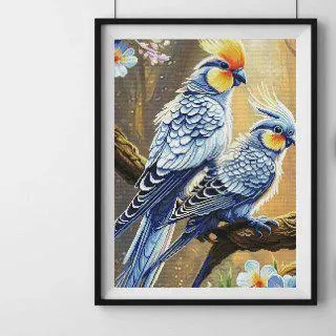 Cockatiel Parrots Cross Stitch Kit, Exotic Birds Couple on Floral ...