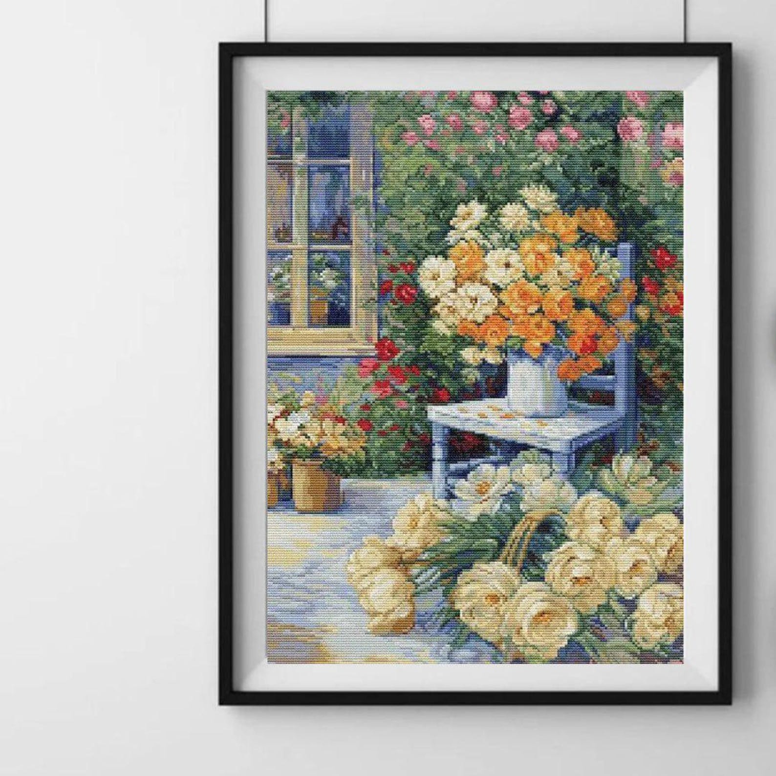 Countryside Garden Cross Stitch Kit, Floral Cottage Village X-stitch ...