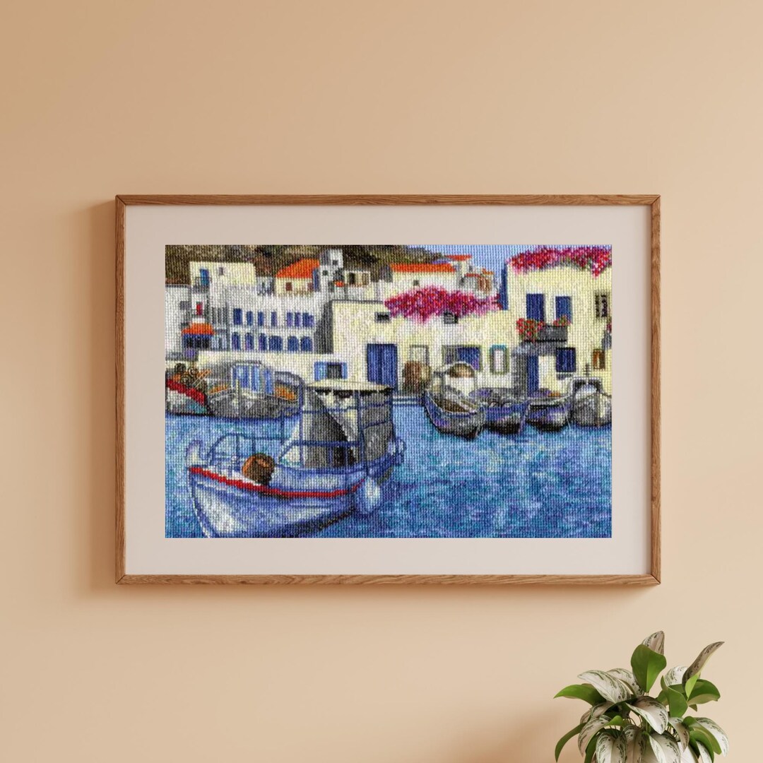 Seaside Harbor Cross Stitch Kit, Coastal Town X-stitch Pattern, Marina ...