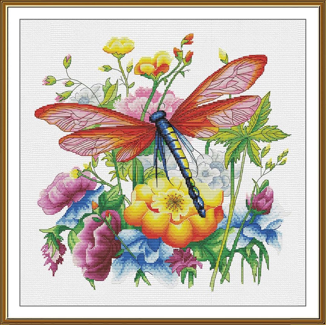 Dragonfly in Flowers Cross Stitch Kit, Botanical Insect X-stitch ...