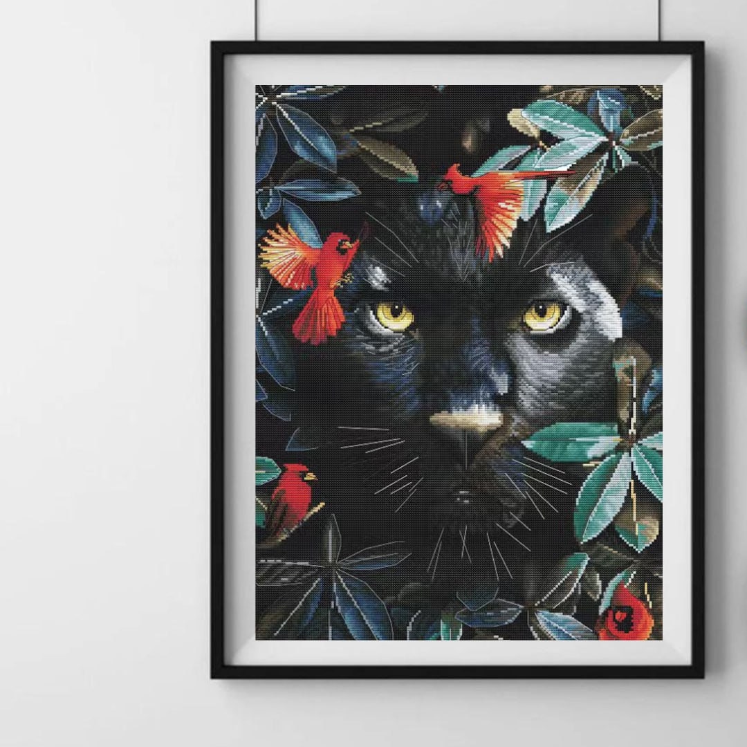 Black Panther Cross Stitch Kit, Jungle Parrots X-stitch Pattern, Wild ...