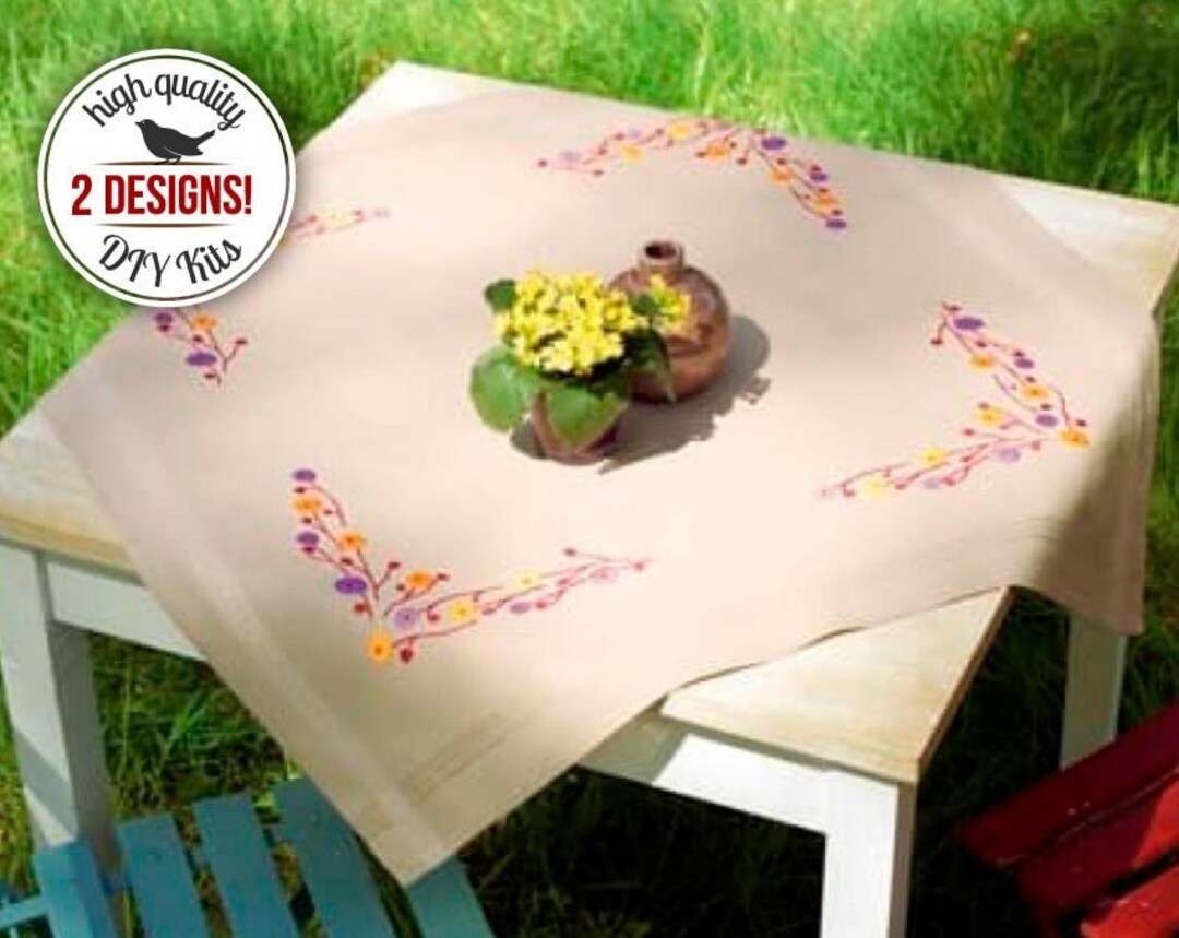Tablecloth Satin Stitch Kit, Floral Table Decor Needlepoint Kit, Beige ...
