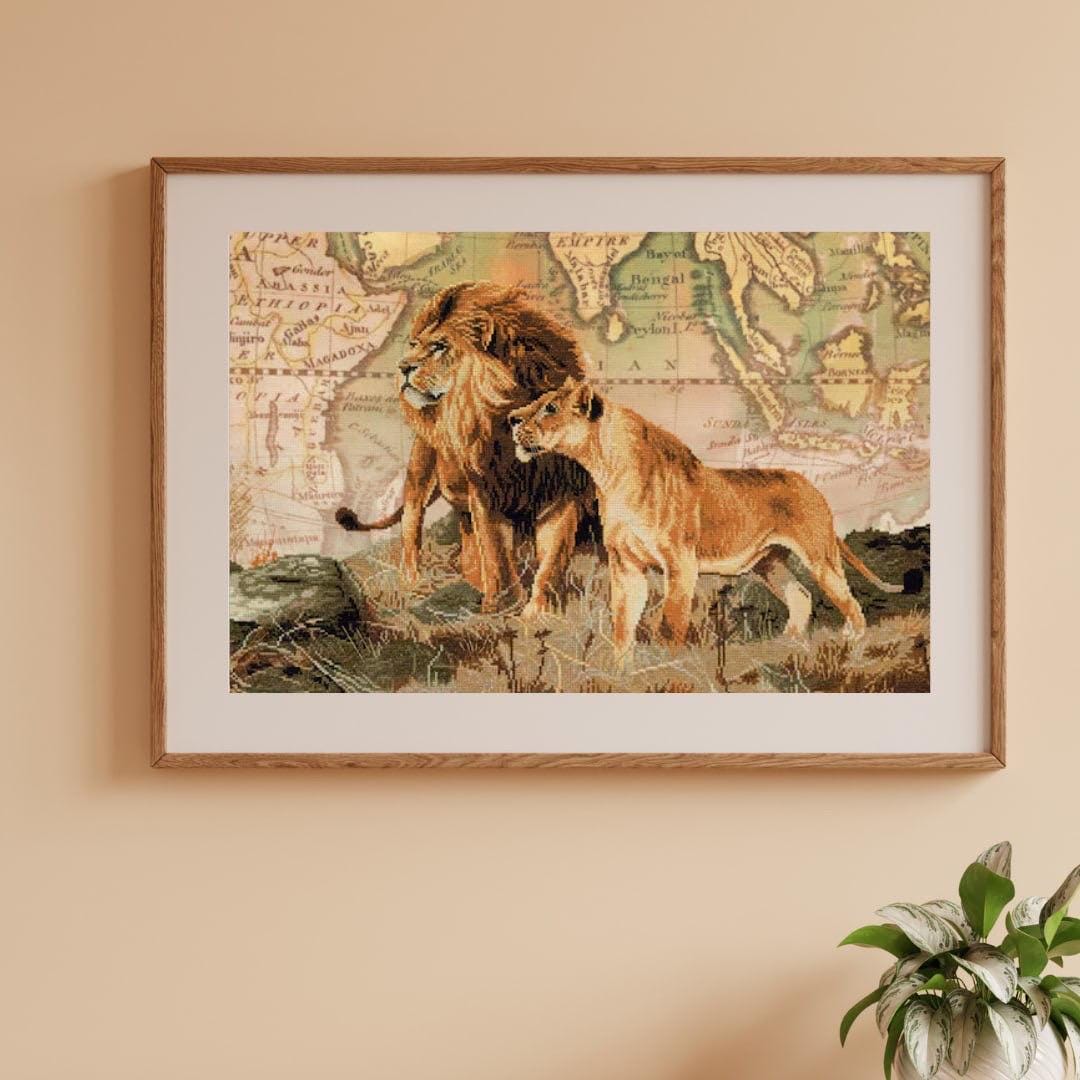 Lion and Lioness on World Map Cross Stitch Kit, Wild Animal Couple X ...