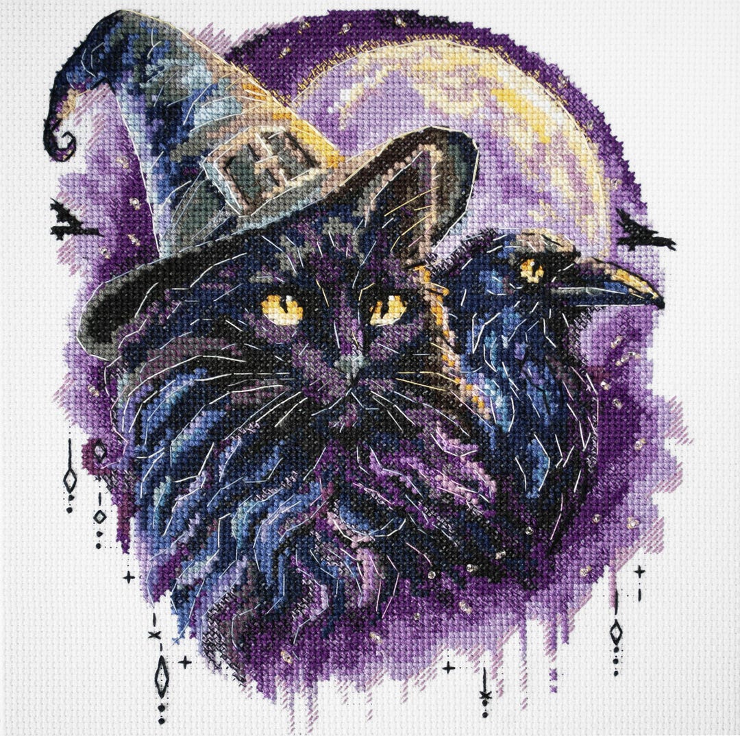 Black Cat With Raven and Moon Cross Stitch Kit, Witchy Halloween ...