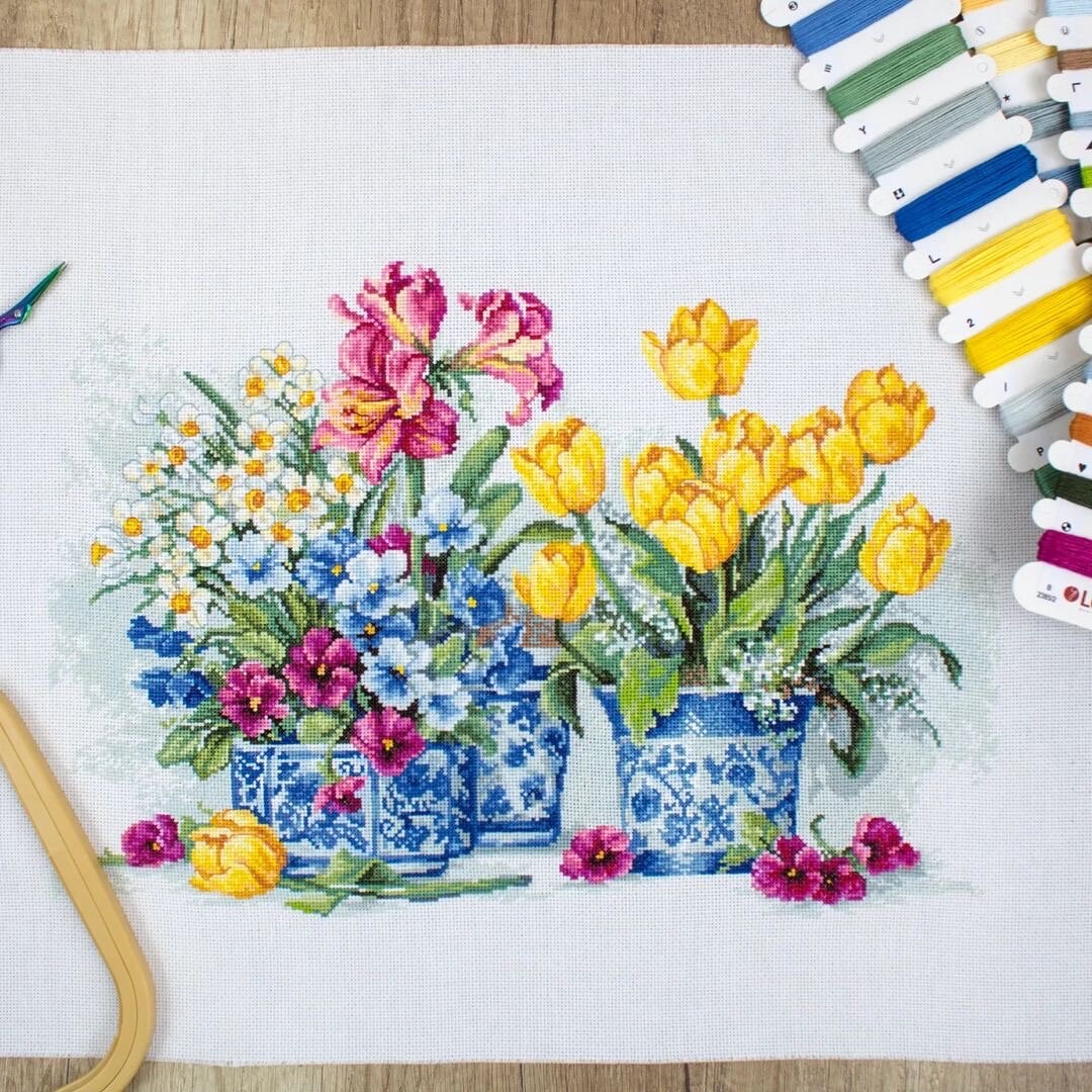 Spring Flowers Cross-stitch Kit, Flowers in Pot Tulips, Crocus, Counted ...