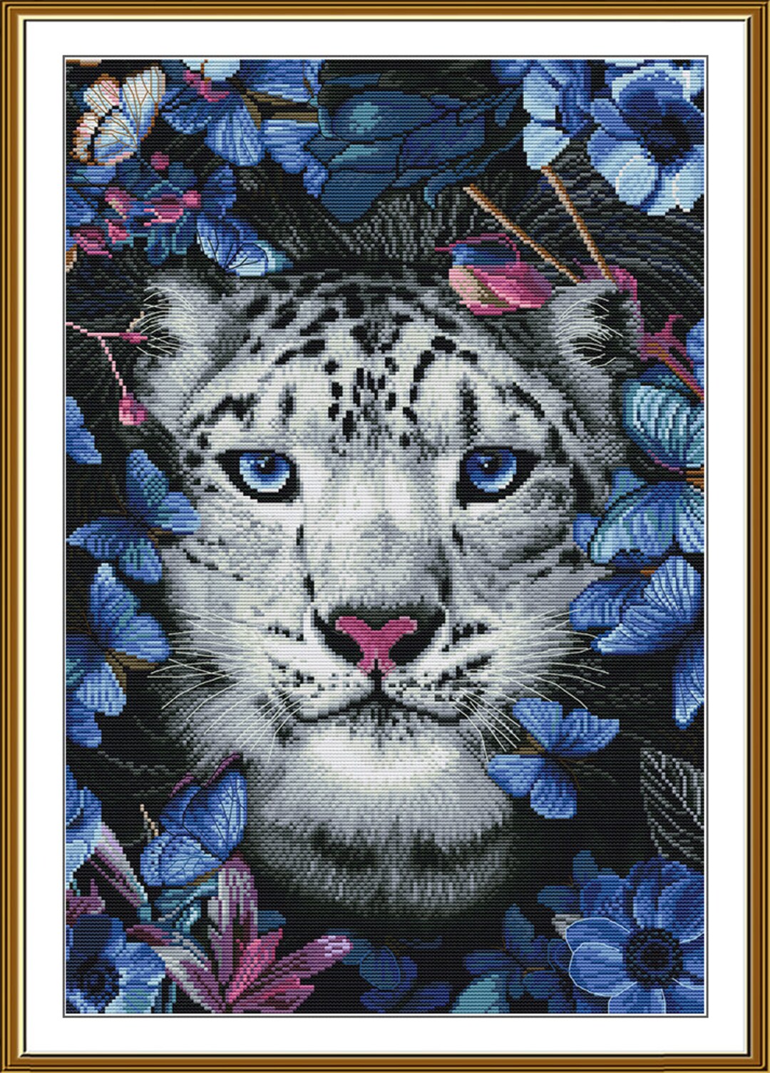 Snow Leopard Cross Stitch Kit, Wild Cat in Butterflies X-stitch Pattern ...